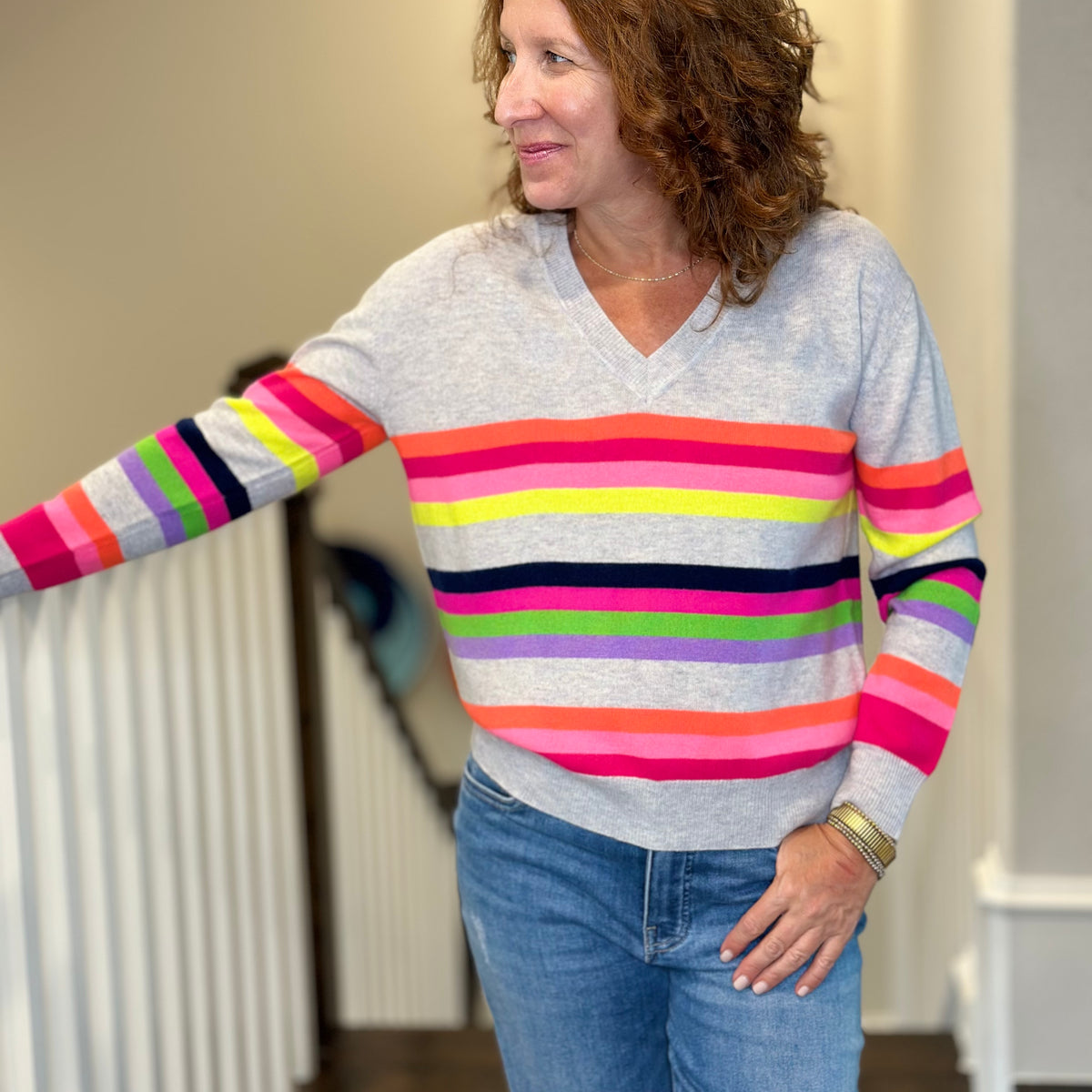 Vilagallo - Grey V Neck Pullover Striped Sweater – CAS curate.admire.style