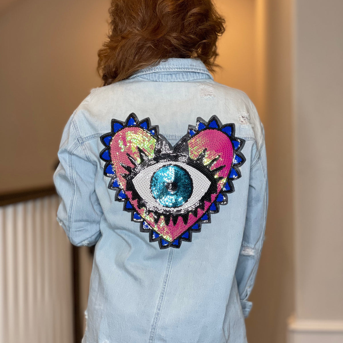 Distressed Denim Shacket with Evil Eye Heart Embellishment – CAS curate ...